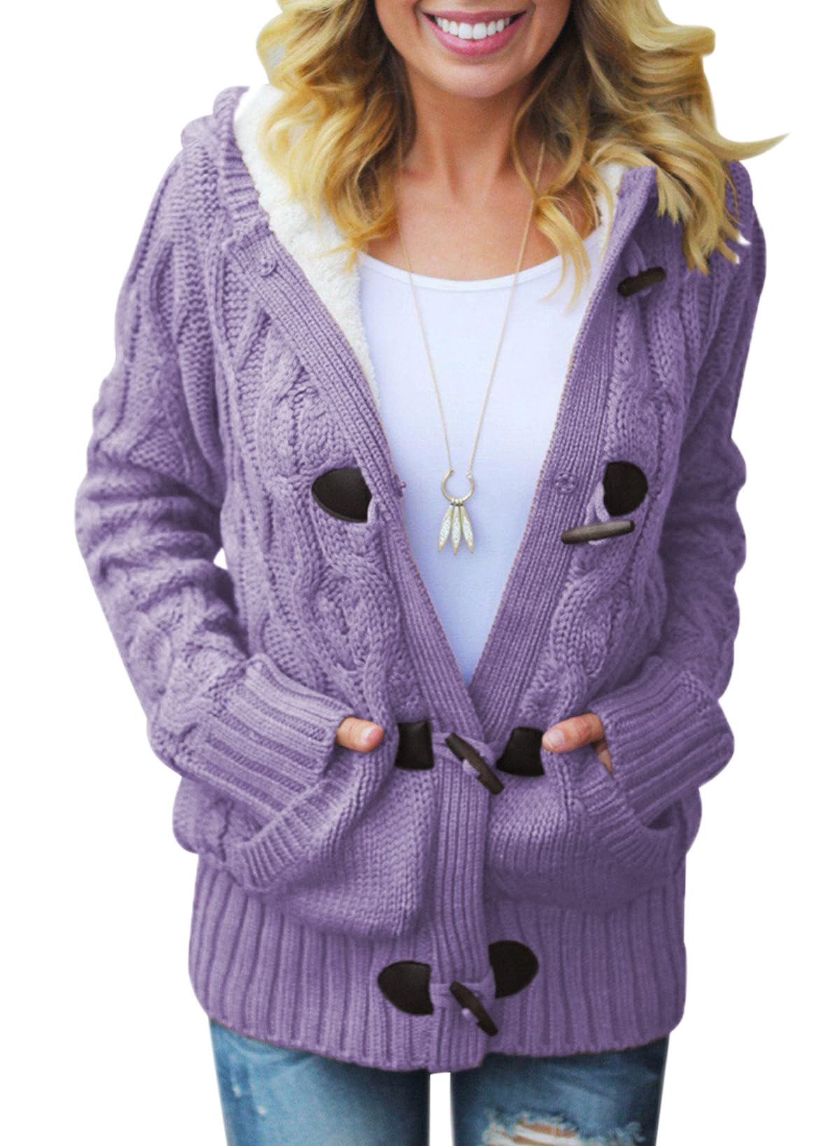 Dokotoo Womens Fashion 2024 Ladies Winter Hooded Casual Fluffy Cardigans Sweaters Solid Open Front Long Sleeve Cable Knit Sweaters Fleece Coats Outerwear with Pockets Purple Medium