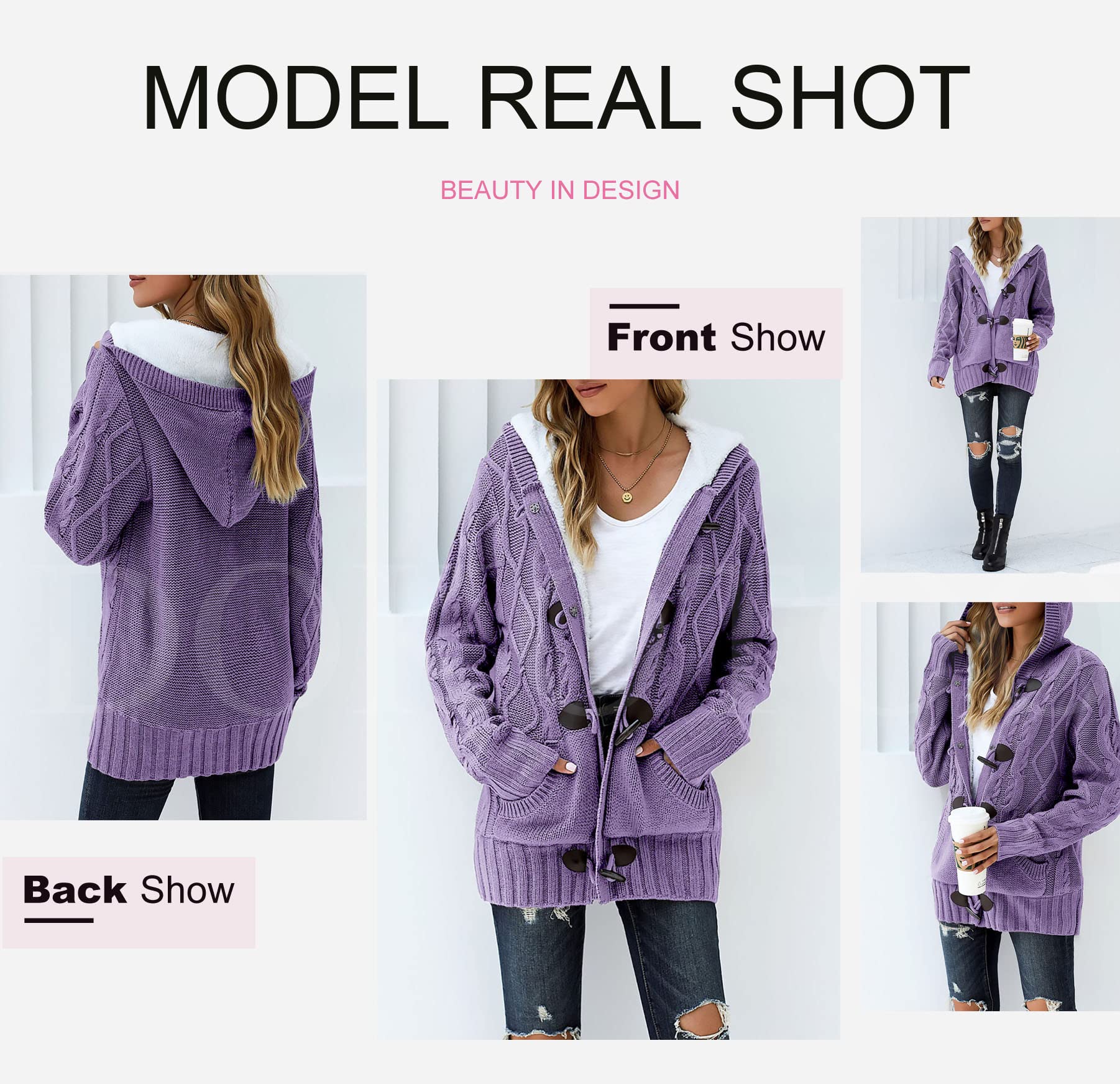 Dokotoo Womens Fashion 2024 Ladies Winter Hooded Casual Fluffy Cardigans Sweaters Solid Open Front Long Sleeve Cable Knit Sweaters Fleece Coats Outerwear with Pockets Purple Medium