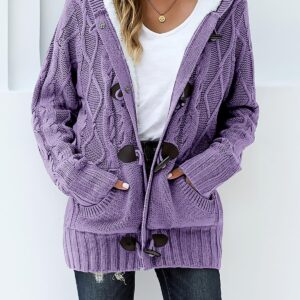 Dokotoo Womens Fashion 2024 Ladies Winter Hooded Casual Fluffy Cardigans Sweaters Solid Open Front Long Sleeve Cable Knit Sweaters Fleece Coats Outerwear with Pockets Purple Medium