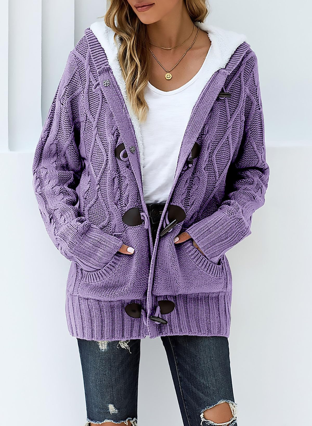 Dokotoo Womens Fashion 2024 Ladies Winter Hooded Casual Fluffy Cardigans Sweaters Solid Open Front Long Sleeve Cable Knit Sweaters Fleece Coats Outerwear with Pockets Purple Medium