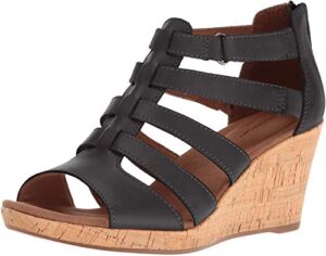 rockport womens briah gladiator wedge sandal, black leather, 6.5 wide us