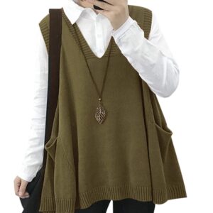 YESNO Sweater Vest Women Loose Swing Cotton Cute Oversized Knit Pullover Sleeveless Sweater Tops with Drop Pockets 3XL WM9 Olive