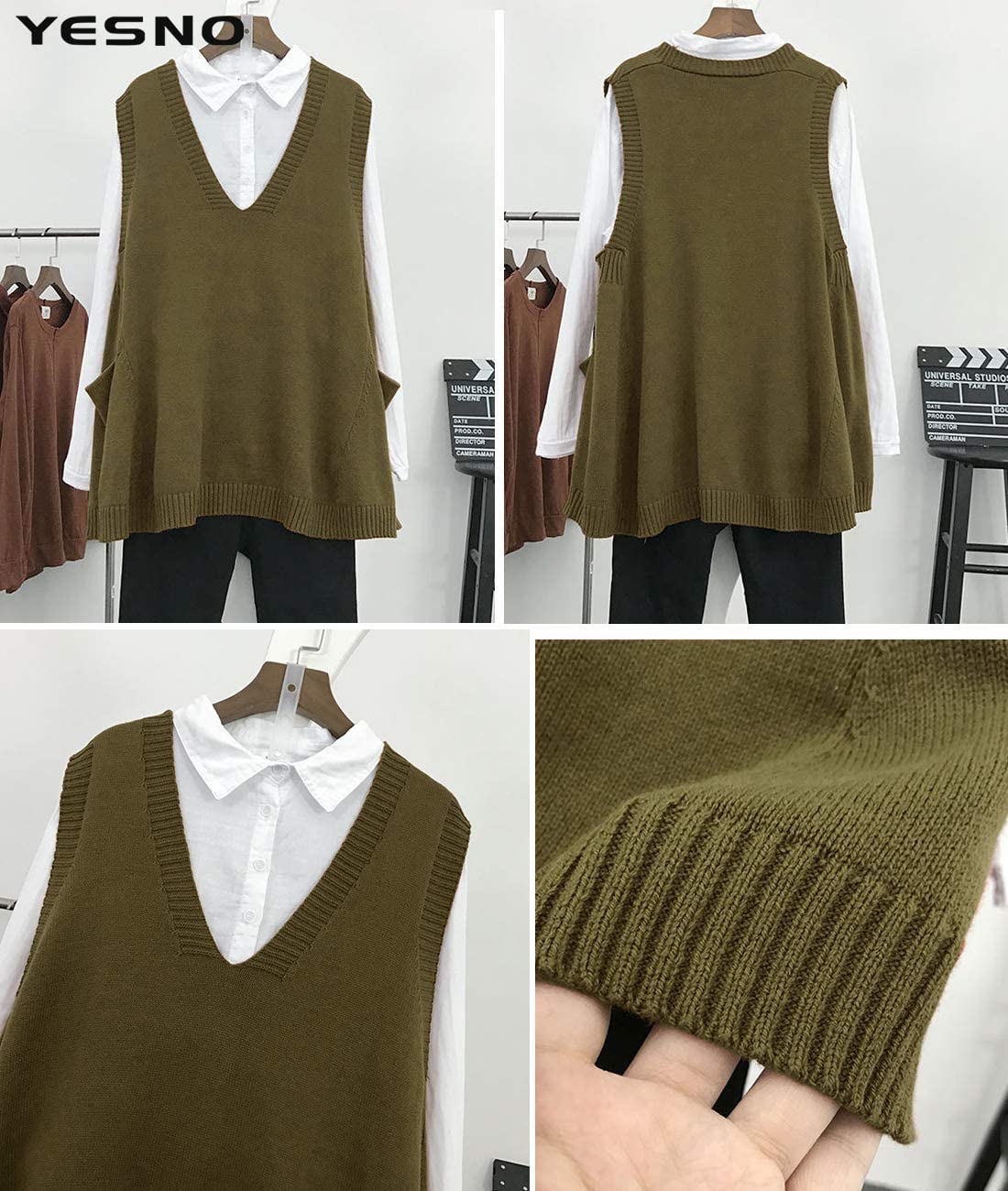 YESNO Sweater Vest Women Loose Swing Cotton Cute Oversized Knit Pullover Sleeveless Sweater Tops with Drop Pockets 3XL WM9 Olive