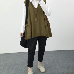 YESNO Sweater Vest Women Loose Swing Cotton Cute Oversized Knit Pullover Sleeveless Sweater Tops with Drop Pockets 3XL WM9 Olive