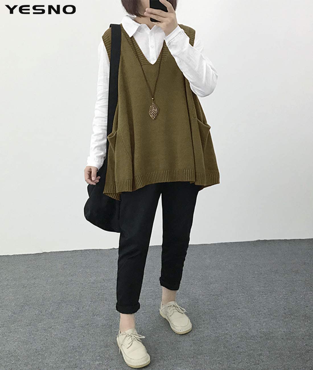 YESNO Sweater Vest Women Loose Swing Cotton Cute Oversized Knit Pullover Sleeveless Sweater Tops with Drop Pockets 3XL WM9 Olive