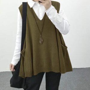 YESNO Sweater Vest Women Loose Swing Cotton Cute Oversized Knit Pullover Sleeveless Sweater Tops with Drop Pockets 3XL WM9 Olive