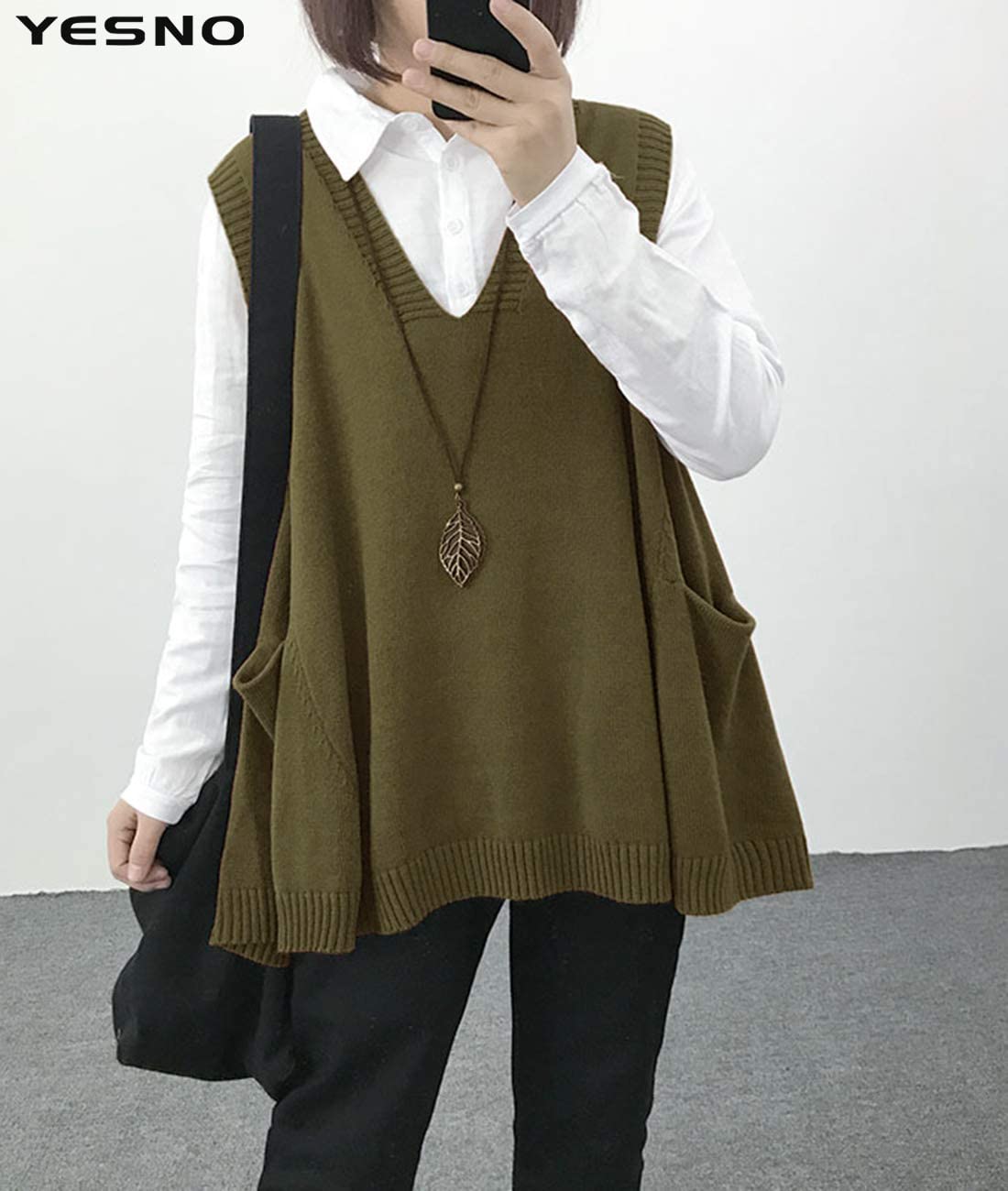 YESNO Sweater Vest Women Loose Swing Cotton Cute Oversized Knit Pullover Sleeveless Sweater Tops with Drop Pockets 3XL WM9 Olive