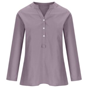 Dressy Summer Tops for Women Linen Shirts for Women Loose Fit Button V Neck Blouses and Tops Dressy Rolling Elbow Sleeve Tshirt Shirts Trendy 2023 Coffee XL