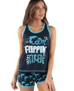 lazy one matching pajamas for women, cute pajama shorts and tank top set, dolphin, ocean, seaside (i'm flipping tired, small)