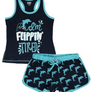 Lazy One Matching Pajamas for Women, Cute Pajama Shorts and Tank Top Set, Dolphin, Ocean, Seaside (I'm Flipping Tired, Small)