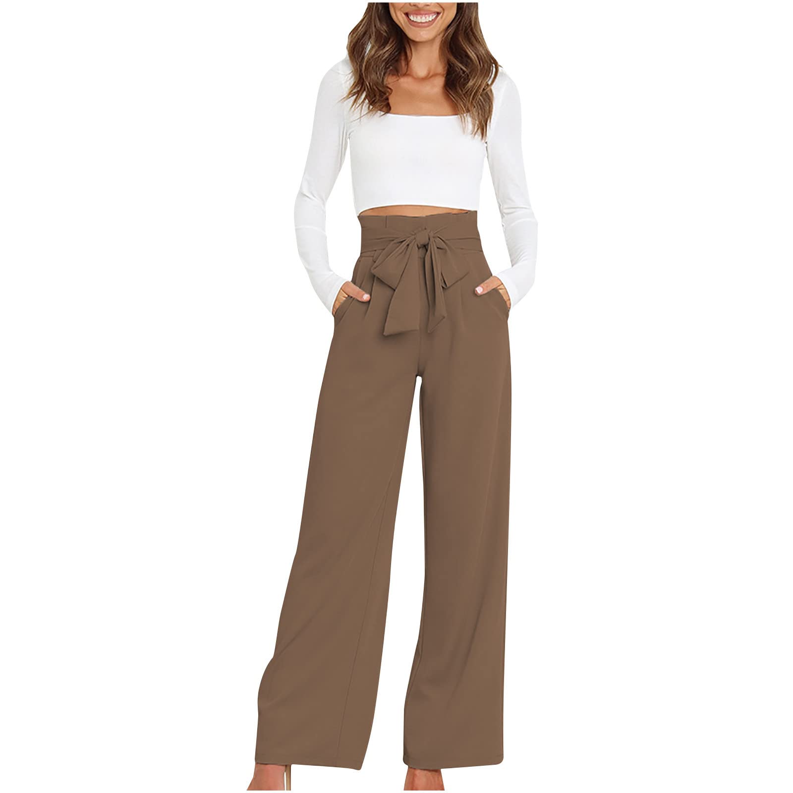 Paper Bag Pants Women High Waist Summer Casual Wide Leg Palazzo Pant Elegant Belted Long Trousers with Pockets