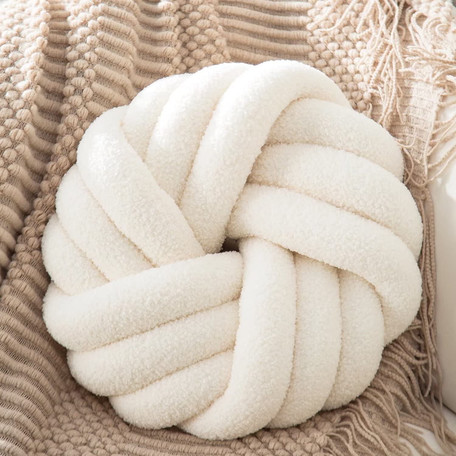 XIAIJIA White Knot Pillow Round Throw Pillows Handmade Knotted Pillow Plush Knot Throw Pillow for Couch Home Decorative Knotted Pillows for Bed Living Room Floor Pillow Cushions,14 inches