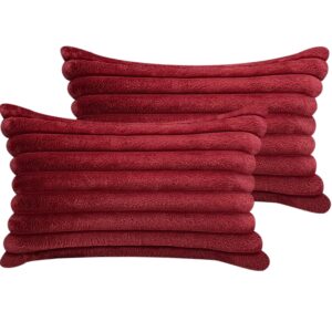 12x20 throw pillow covers set of 2, decorative faux fur covers for bed, couch soft fluffy pillow cover with velvet back for living room, neutral home décor accent for sofa - wine red