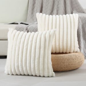 futei cream white striped decorative throw pillow covers 18x18 inch set of 2,square spring decorations couch pillow case,soft cozy faux rabbit fur & velvet back,modern home decor for bed