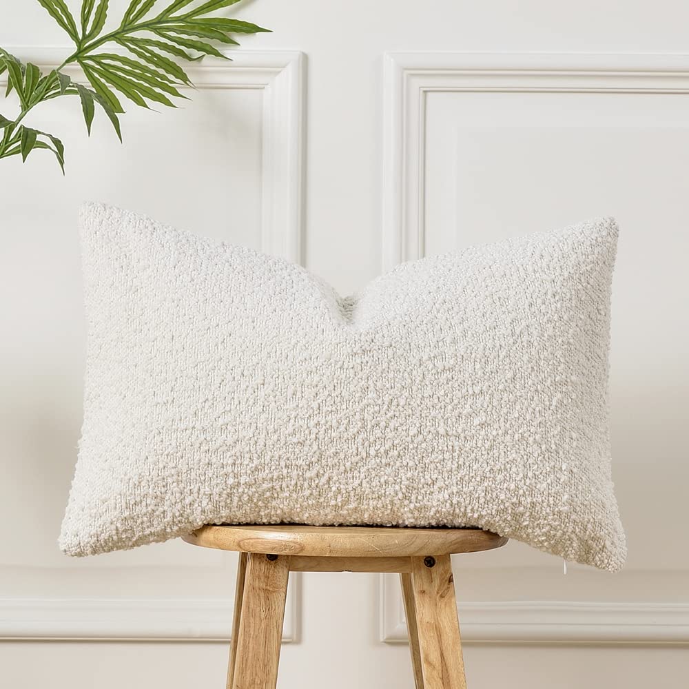 Sunkifover Textured Boucle Pillow Covers 12x20 Inches, Decorative Lumbar Pillows Cover, Neutral Pillowcase Rectangular Cushion Cover for Sofa, Couch, Bed, Bedroom, Living Room, Home Decro White.