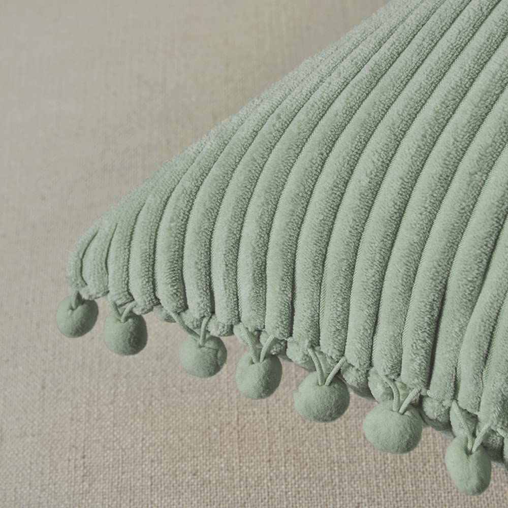 Fancy Homi Pack of 2 Sage Green Lumbar Decorative Throw Pillow Covers with Pom-poms, Soft Corduroy Solid Rectangle Cushion Cases Set for Couch Sofa Bedroom Car Living Room (12x20 Inch/30x50 cm)