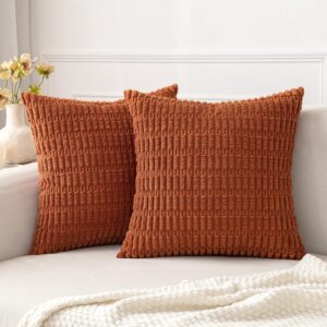 miulee pack of 2 corduroy decorative throw pillow covers 18x18 inch soft boho striped pillow covers modern farmhouse fall home decor for sofa living room couch bed rust