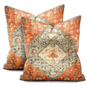 penufilo boho throw pillow covers 18x18 inch, set of 2 orange bohemian throw pillows colorful decorative couch pillow covers, floral pattern decorative pillow covers, boho pillow covers for bed couch