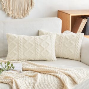 miulee pack of 2 decorative faux wool throw pillow covers soft plush fuzzy short fleece square patterned cushion cases solid pillowcases couch for bed sofa living room 12 x 20 inch ivory