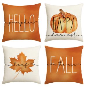 avoin colorlife hello pumpkin fall happy harvest maple leaf throw pillow covers, 18 x 18 inch pillows autumn seasonal cushion case for sofa couch set of 4