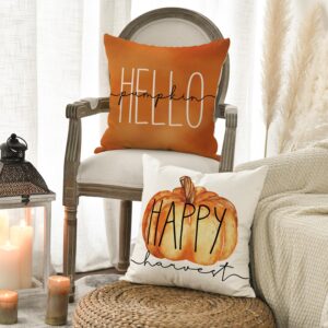 AVOIN colorlife Hello Pumpkin Fall Happy Harvest Maple Leaf Throw Pillow Covers, 18 x 18 Inch Pillows Autumn Seasonal Cushion Case for Sofa Couch Set of 4