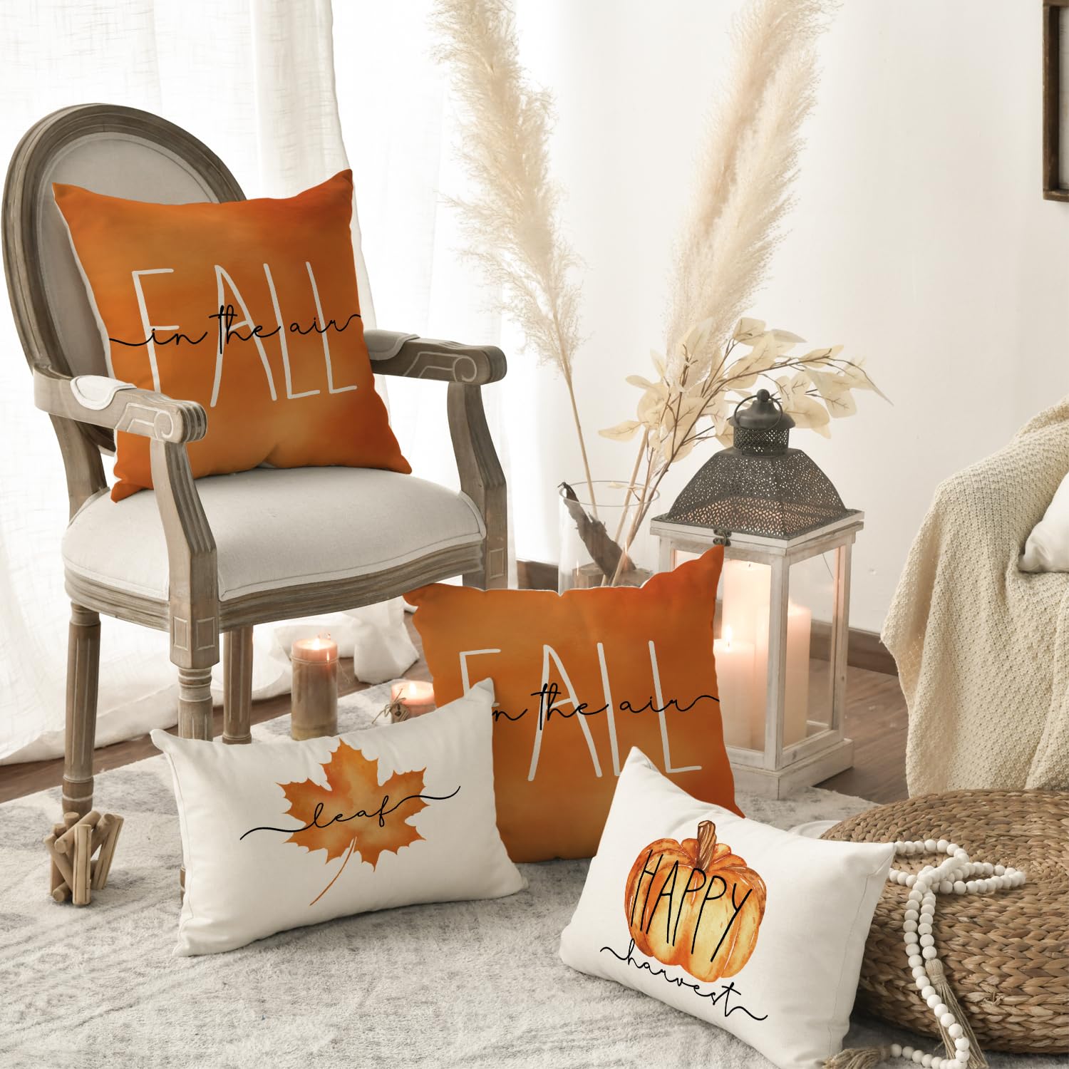 AVOIN colorlife Hello Pumpkin Fall Happy Harvest Maple Leaf Throw Pillow Covers, 18 x 18 Inch Pillows Autumn Seasonal Cushion Case for Sofa Couch Set of 4