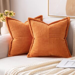 miulee ornage pillow covers 18x18 inch with splicing set of 2 super soft boho striped corduroy pillow covers broadside decorative textured throw pillows for fall couch cushion livingroom