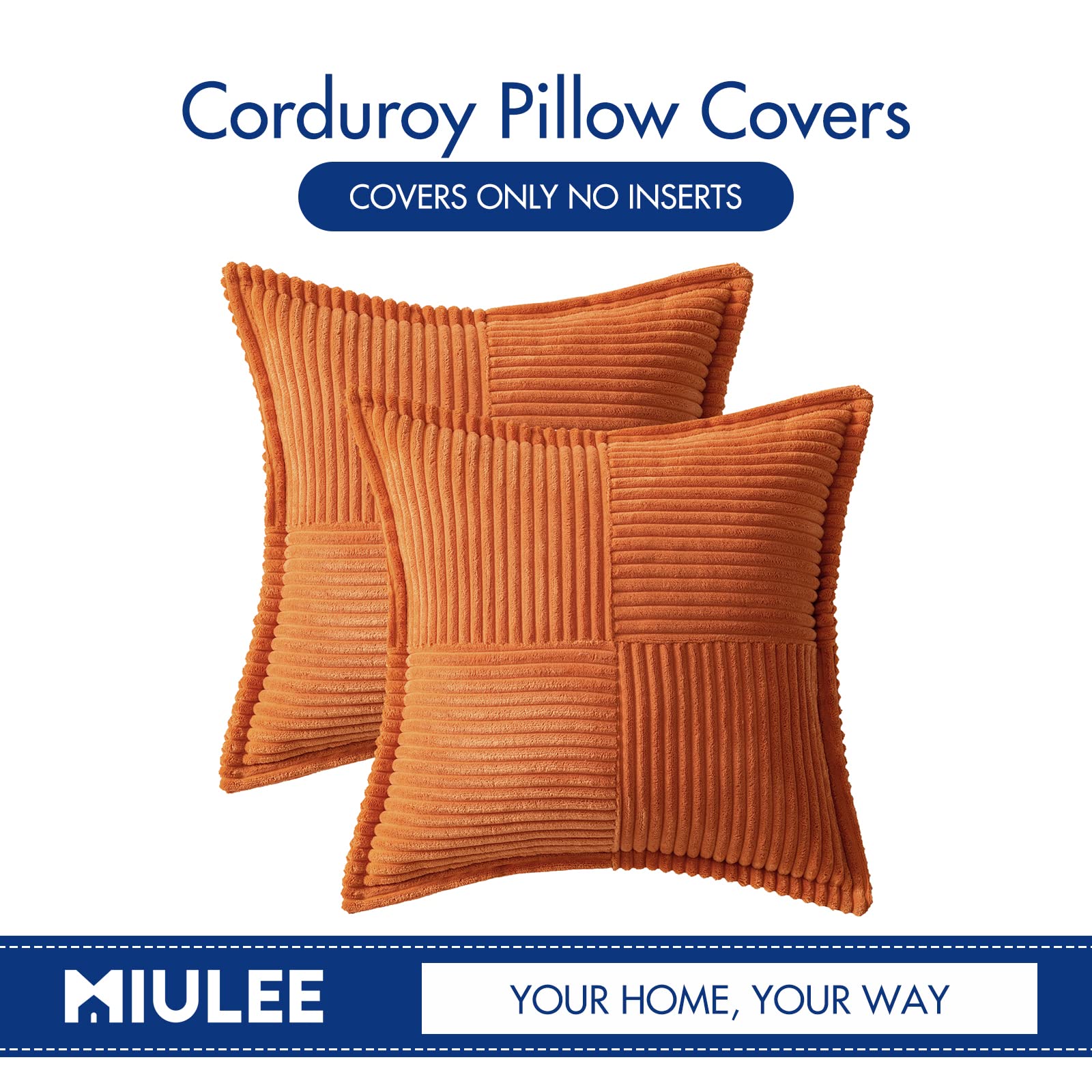 MIULEE Ornage Pillow Covers 18x18 Inch with Splicing Set of 2 Super Soft Boho Striped Corduroy Pillow Covers Broadside Decorative Textured Throw Pillows for Fall Couch Cushion Livingroom