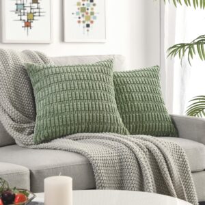 volcanics pack of 2 sage green decorative throw pillow covers 18x18 inch, soft corduroy striped square cushion cases, modern farmhouse boho home decor for spring couch bed sofa living room