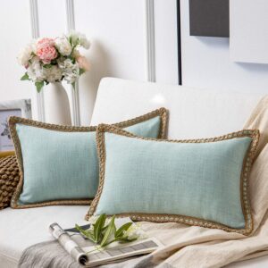 phantoscope pack of 2 farmhouse decorative solid throw decorative pillow cover burlap linen trimmed tailored edges light turquoise 12 x 20 inches, 30 x 50 cm