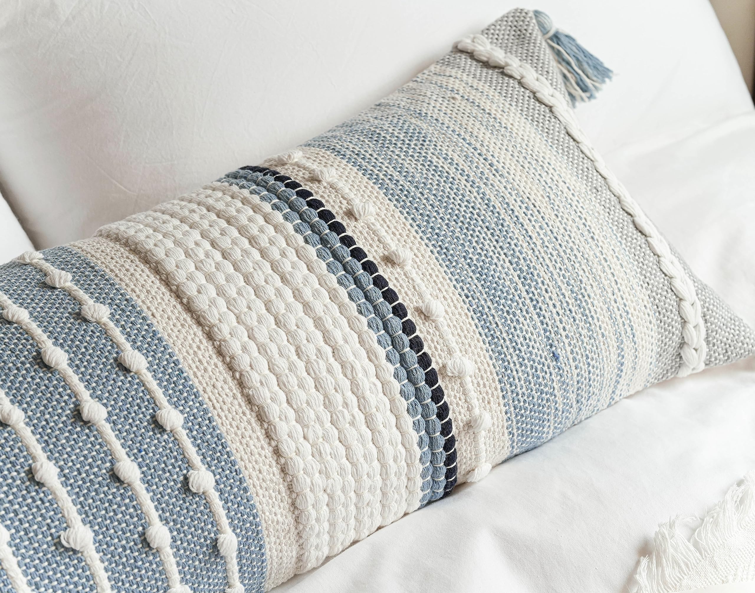 BlissBlush Coastal Blue Decorative Lumbar Pillow Cover 14x36 Boho Long Body Pillow for Bed Farmhouse Lumbar Throw Pillow for Couch Modern Accent Textured Throw PillowCase