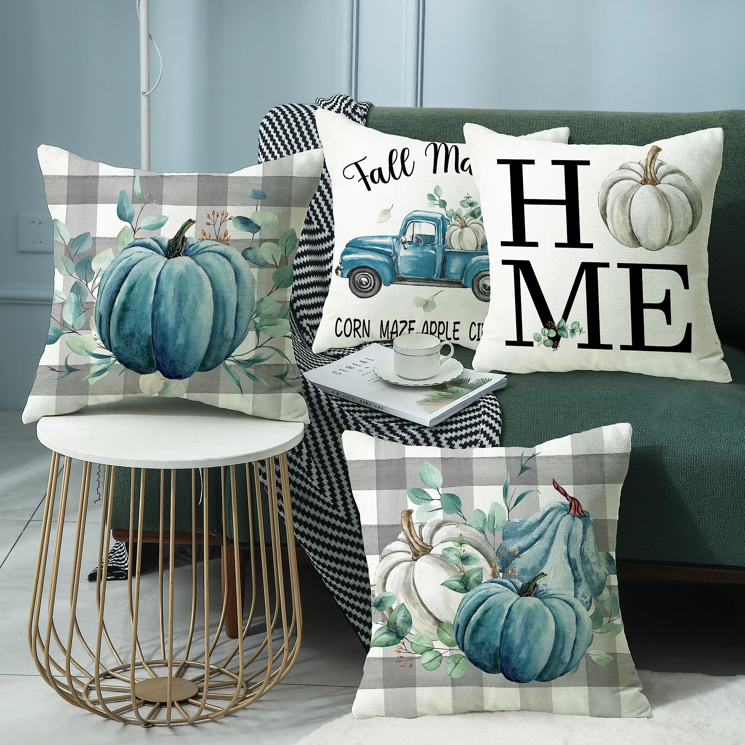 Fall Decorative Pillow Covers 18 x 18 Inch Set of 4, Pumpkins Trucks Plaid Autumn Decor Outdoor Farmhouse Thanksgiving Throw Pillow Cases for Home Couch