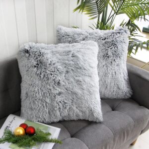 uhomy 2 packs home decorative luxury series super soft faux fur throw pillow cover cushion case for sofa or bed gray ombre fluffy double side, 18x18 inch 45x45 cm