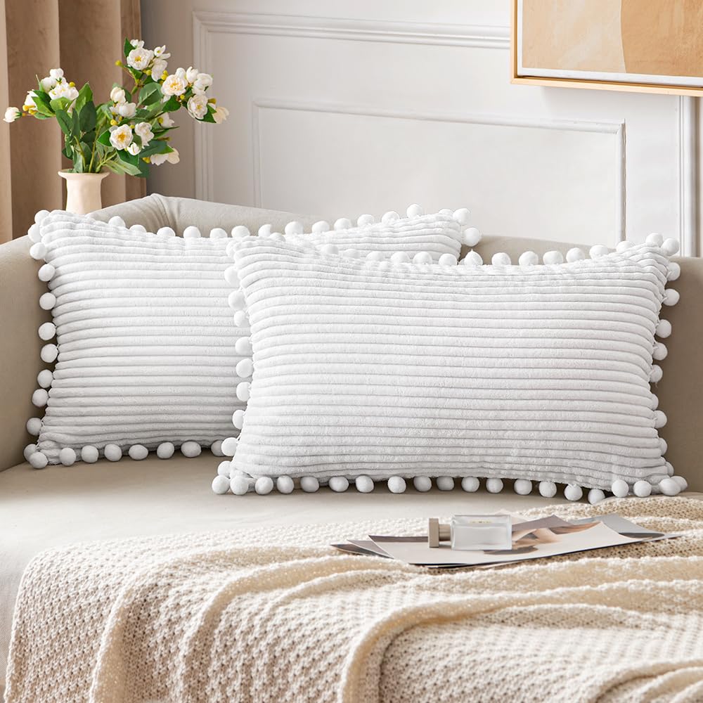 ANRODUO Pack of 2 White Boho Decorative Pillow Covers with Pom-poms 12x20 Pillow Cover Corduroy Cushion Case Cute and Soft Lumbar Throw Pillows for Bed Couch Sofa Living Room Fall Home Decor