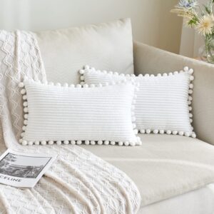 ANRODUO Pack of 2 White Boho Decorative Pillow Covers with Pom-poms 12x20 Pillow Cover Corduroy Cushion Case Cute and Soft Lumbar Throw Pillows for Bed Couch Sofa Living Room Fall Home Decor