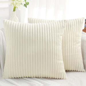 simmore decorative throw pillow covers 18x18 set of 2, soft plush flannel double-sided fluffy couch pillow covers for sofa living room home decor, cream white