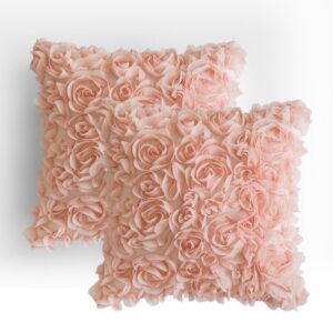 miulee pack of 2 3d decorative spring romantic stereo chiffon rose flower pillow cover solid square pillowcase for sofa bedroom car 16x16 inch 40x40 cm peach pink wedding valentines day