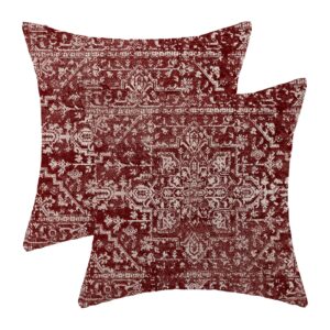 boho pillow covers 20x20 set of 2, burgandy red carpet pattern decorative throw pillows linen ethnic design bohemian farmhouse cushion pillow covers for sofa couch outdoor decor