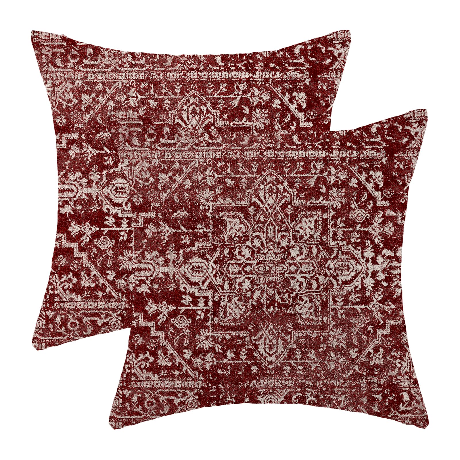 Boho Pillow Covers 20x20 Set of 2, Burgandy Red Carpet Pattern Decorative Throw Pillows Linen Ethnic Design Bohemian Farmhouse Cushion Pillow Covers for Sofa Couch Outdoor Decor