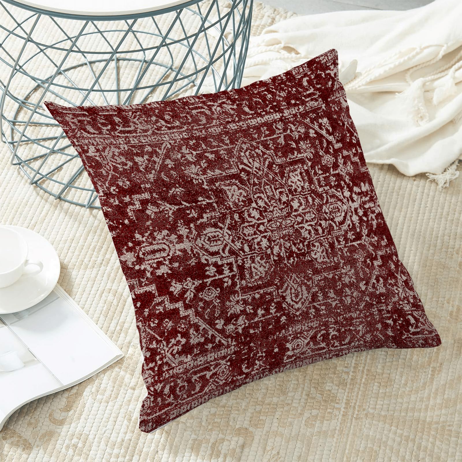 Boho Pillow Covers 20x20 Set of 2, Burgandy Red Carpet Pattern Decorative Throw Pillows Linen Ethnic Design Bohemian Farmhouse Cushion Pillow Covers for Sofa Couch Outdoor Decor