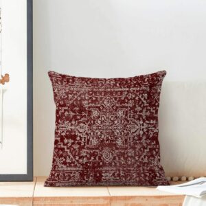 Boho Pillow Covers 20x20 Set of 2, Burgandy Red Carpet Pattern Decorative Throw Pillows Linen Ethnic Design Bohemian Farmhouse Cushion Pillow Covers for Sofa Couch Outdoor Decor