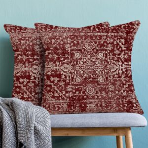 Boho Pillow Covers 20x20 Set of 2, Burgandy Red Carpet Pattern Decorative Throw Pillows Linen Ethnic Design Bohemian Farmhouse Cushion Pillow Covers for Sofa Couch Outdoor Decor