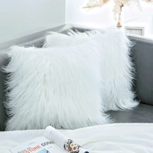 ourwarm set of 2 white fur throw pillows fluffy pillow covers 18"x18", faux fur pillow covers luxury series merino style decorative pillows case for living room couch bedroom car home decor