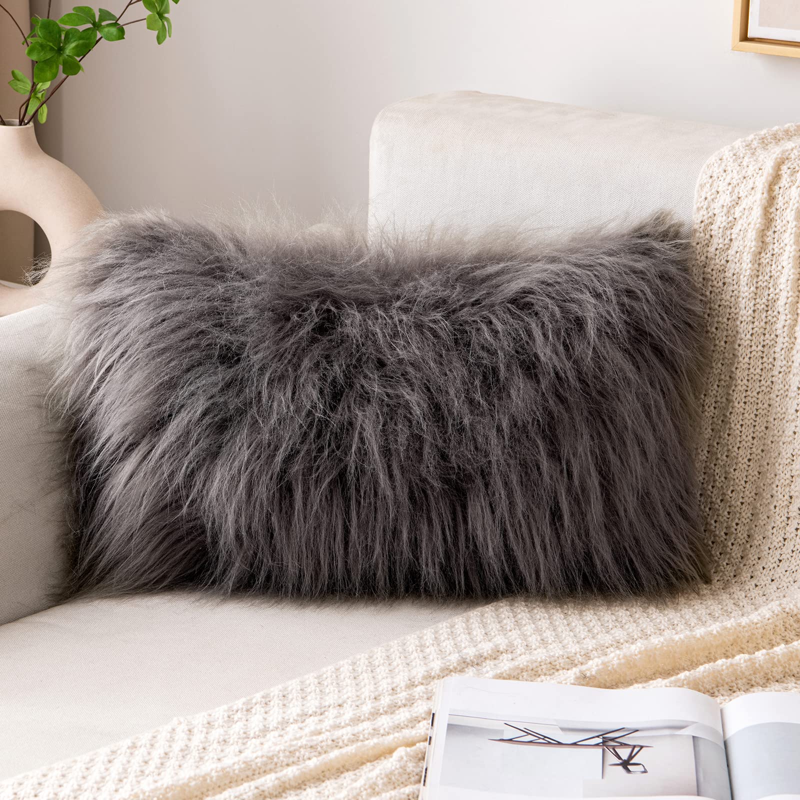 MIULEE Faux Fur Pillow Covers Luxury Fluffy Mongolian Series Style Throw Pillow Case Decorative Fuzzy Cushion Cover for Sofa Bedroom Car, 12x20 Inch Grey