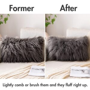 MIULEE Faux Fur Pillow Covers Luxury Fluffy Mongolian Series Style Throw Pillow Case Decorative Fuzzy Cushion Cover for Sofa Bedroom Car, 12x20 Inch Grey