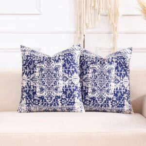 carrie home navy blue and white farmhouse decorative throw pillow covers 18x18 set of 2 blue boho velvet decorative pillows 18 x 18 soft boho room decor for couch sofa and bed