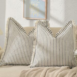 zwjd throw pillow covers 18x18set of 2 striped pillow covers with fringe chic cotton decorative pillows square cushion covers for sofa couch bed living room farmhouse decor