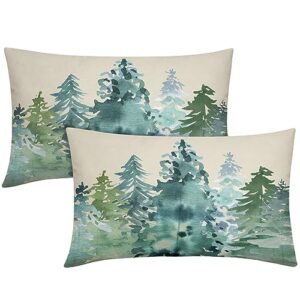 watercolor blue green tree lumbar pillow covers 12x20 set of 2 rustic style nature forest print decorative long throw pillows winter christmas linen cushion case for home sofa couch bed outdoor