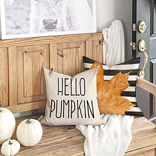 GEEORY Fall Decor Pillow Covers 16x16 inch Set of 4 Stripes Pumpkin Maple Leaf Happy Fall Outdoor Fall Pillows Decorative Throw Pillows Farmhouse Thanksgiving Cushion Case for Couch Sofa