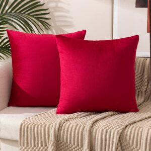 etasop velvet pillow covers with inserts included 18x18, pack of 2 soft solid decorative throw pillows for sofa bedroom car (red)